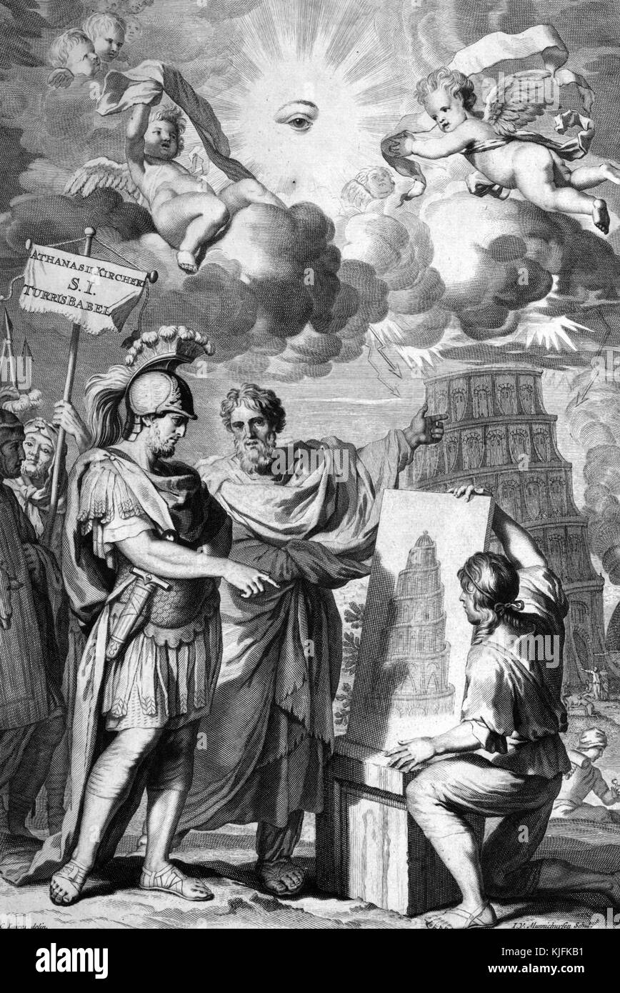 Ein Stich aus dem Gemälde Turris Babel von Athanasius Kircher, der ...