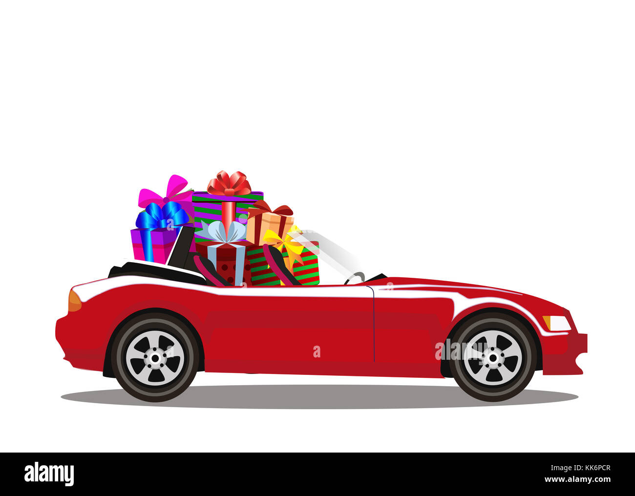 Rot moderne cartoon Cabriolet Auto voll von geschenkboxen auf weißem ...