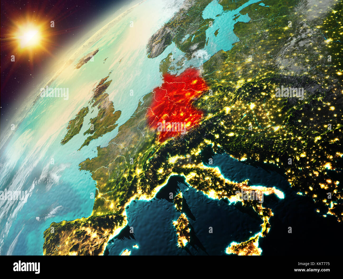 Abbildung Deutschlands aus der Erdumlaufbahn bei Sonnenuntergang. 3D ...