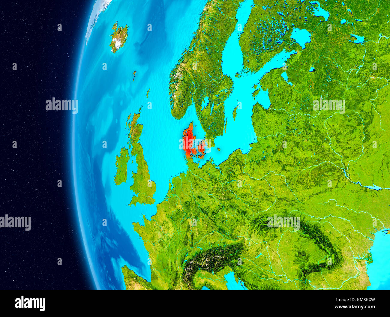 Abbildung Dänemarks aus der Erdumlaufbahn auf dem Planeten Erde. 3D ...
