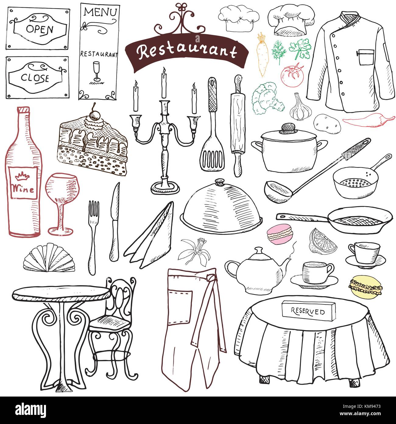 Restaurant Skizze doodles. Hand gezeichneten Elemente Essen und Trinken ...