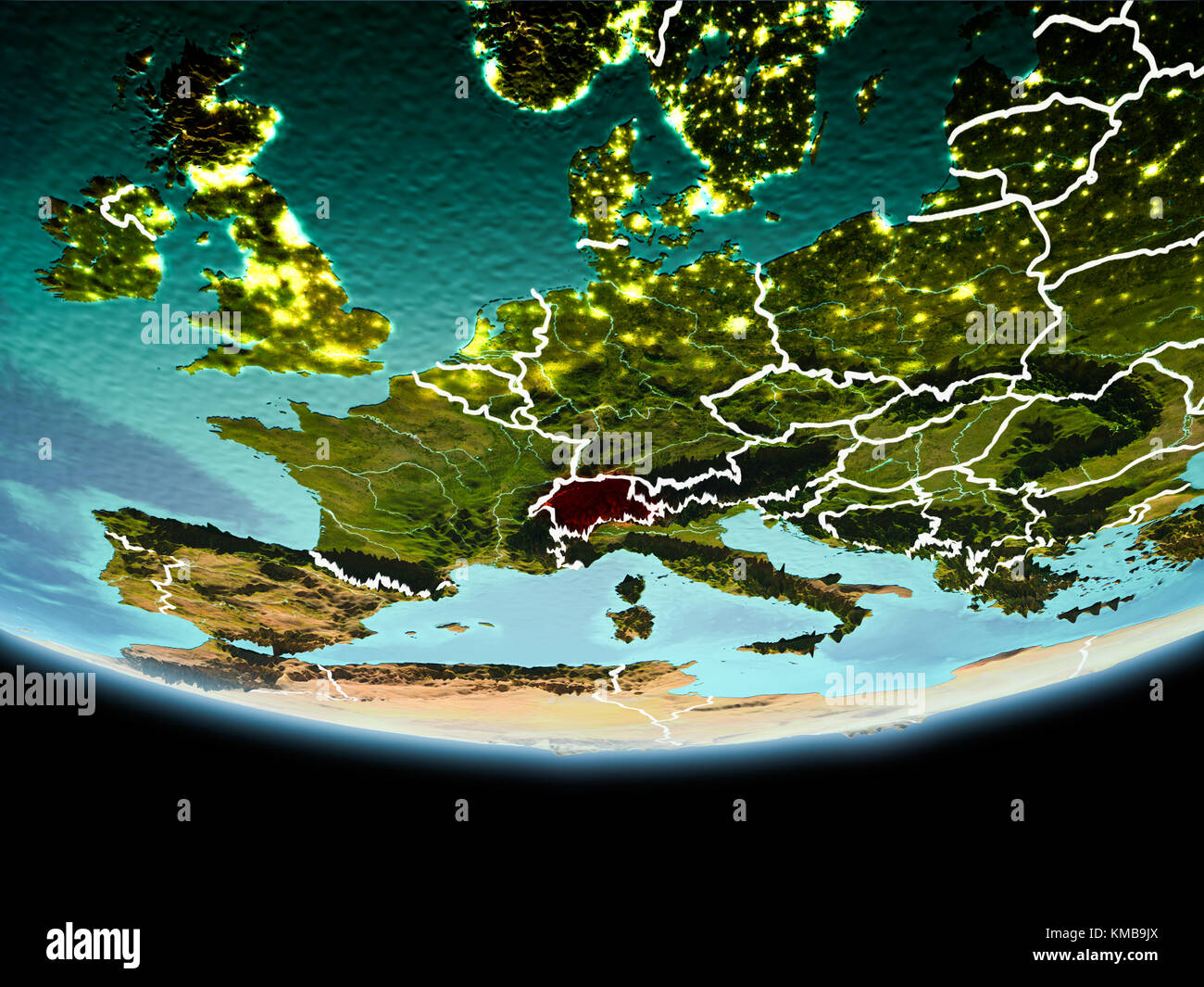 Land der Schweiz in Rot auf dem Planeten Erde am Abend mit sichtbaren ...