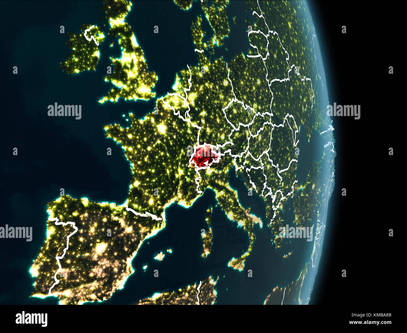 Karte der Schweiz in Rot vom Platz auf dem Planeten Erde bei Nacht mit ...
