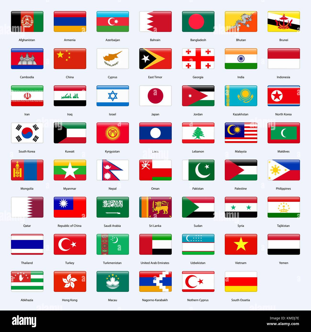 Alle Flaggen der Länder der Asien. Rechteck glänzenden Stil Stock ...