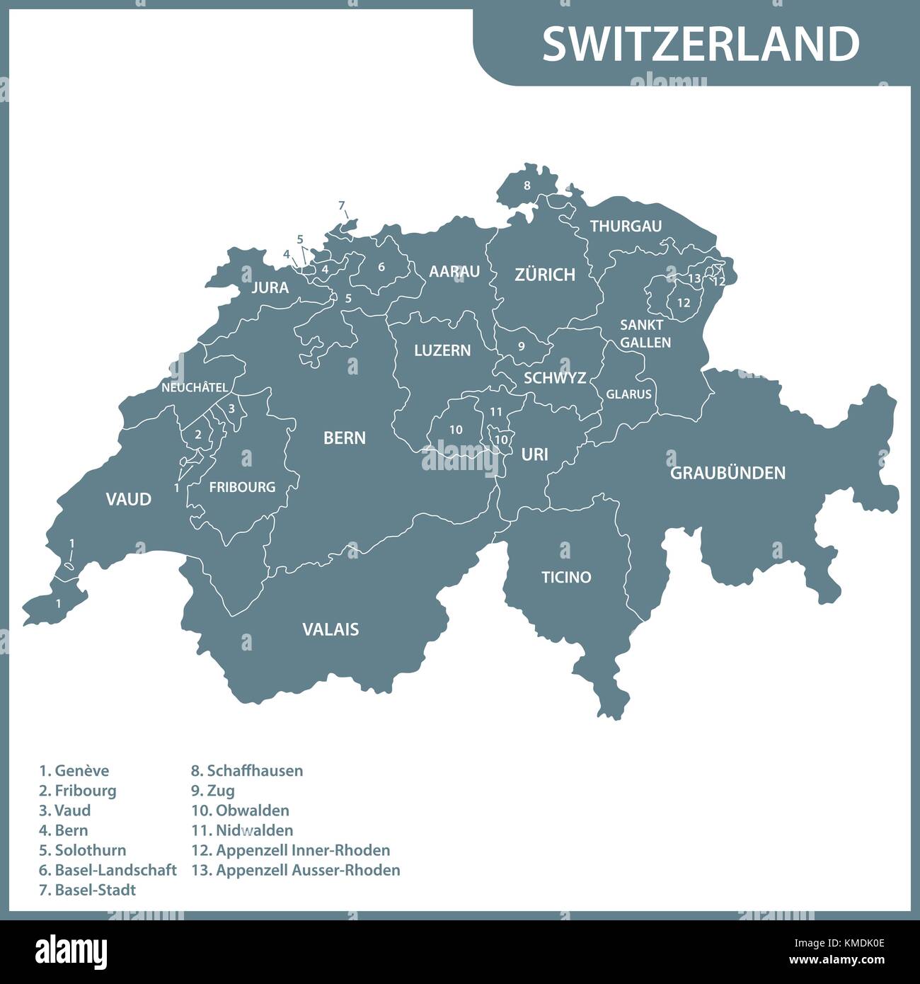 Die detaillierte Karte der Schweiz mit Regionen oder Mitgliedstaaten ...