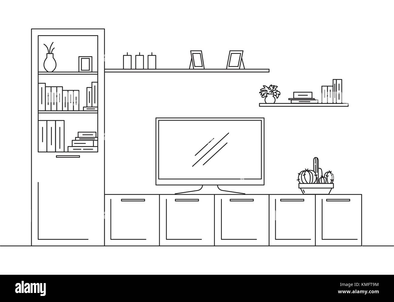 Lineare Skizze des Innenraums. Bücherregal, Kommode mit TV und Regale ...