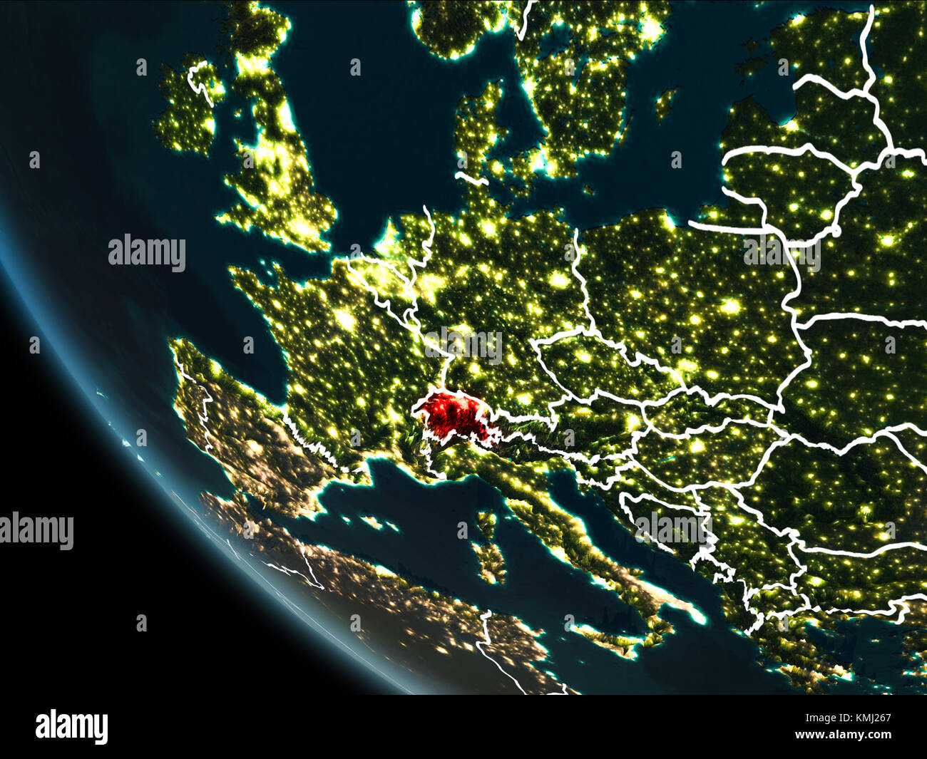 Sat-Sicht auf die Schweiz in Rot hervorgehoben auf dem Planeten Erde ...