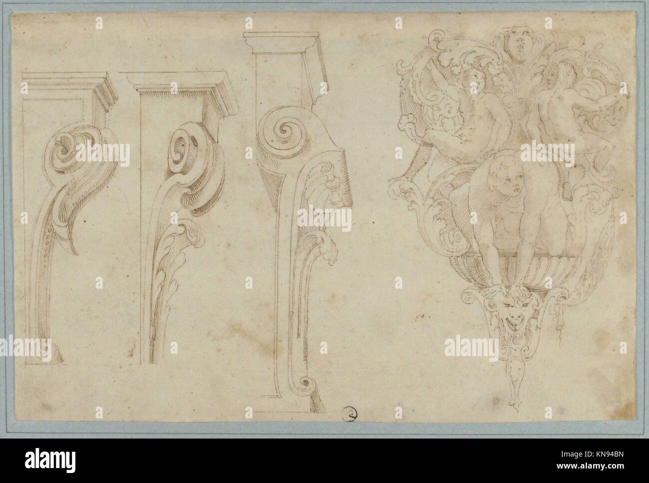 Design für drei Konsolen mit Laub und Voluten und eine Konsole mit ...