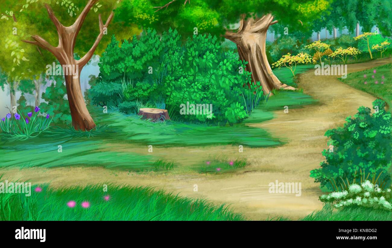 Bäume, Blumen und alter Baumstumpf in der Nähe ein Fußweg in einer ...