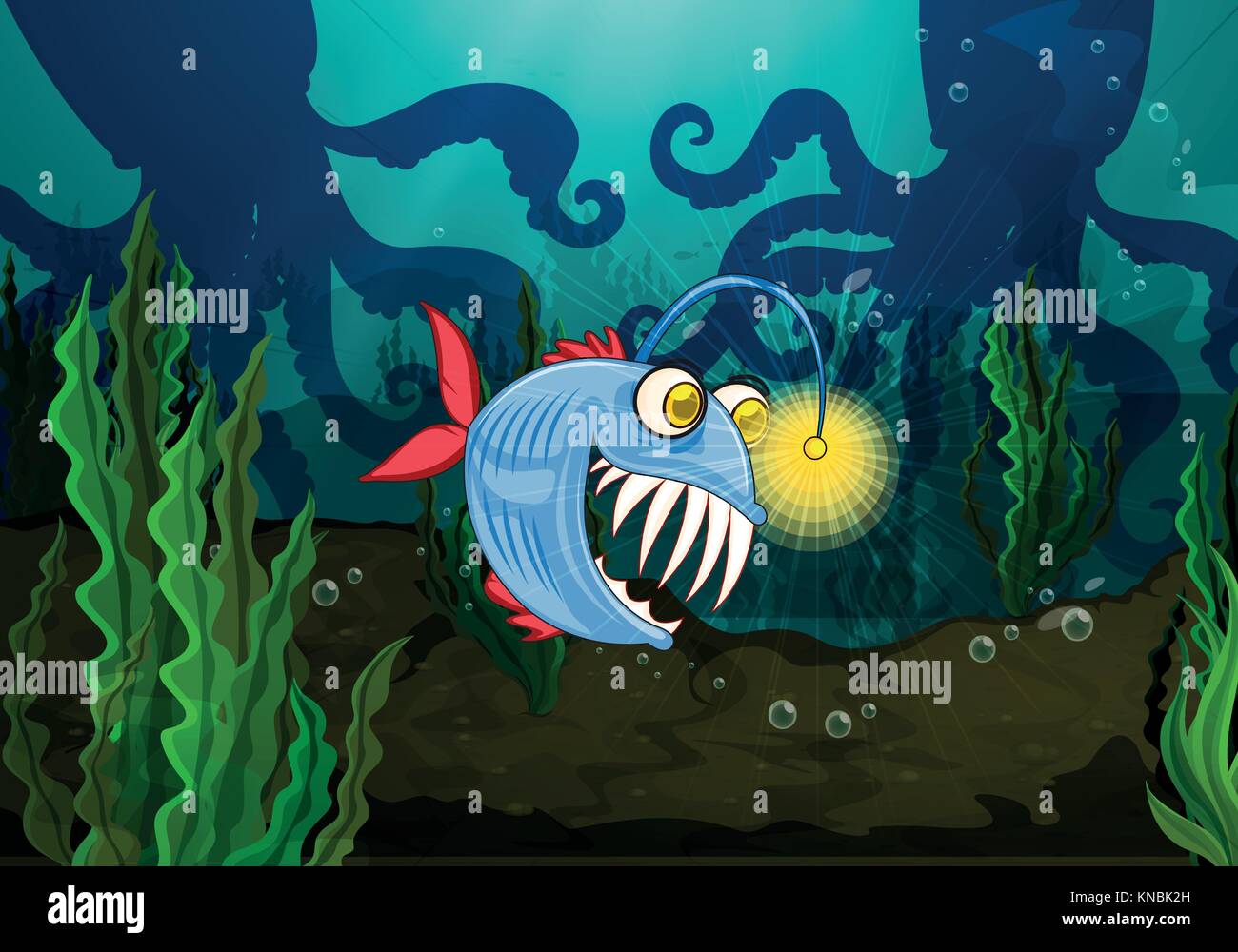 Abbildung: ein Monster Fisch und Tintenfisch in einem Wasser Stock ...