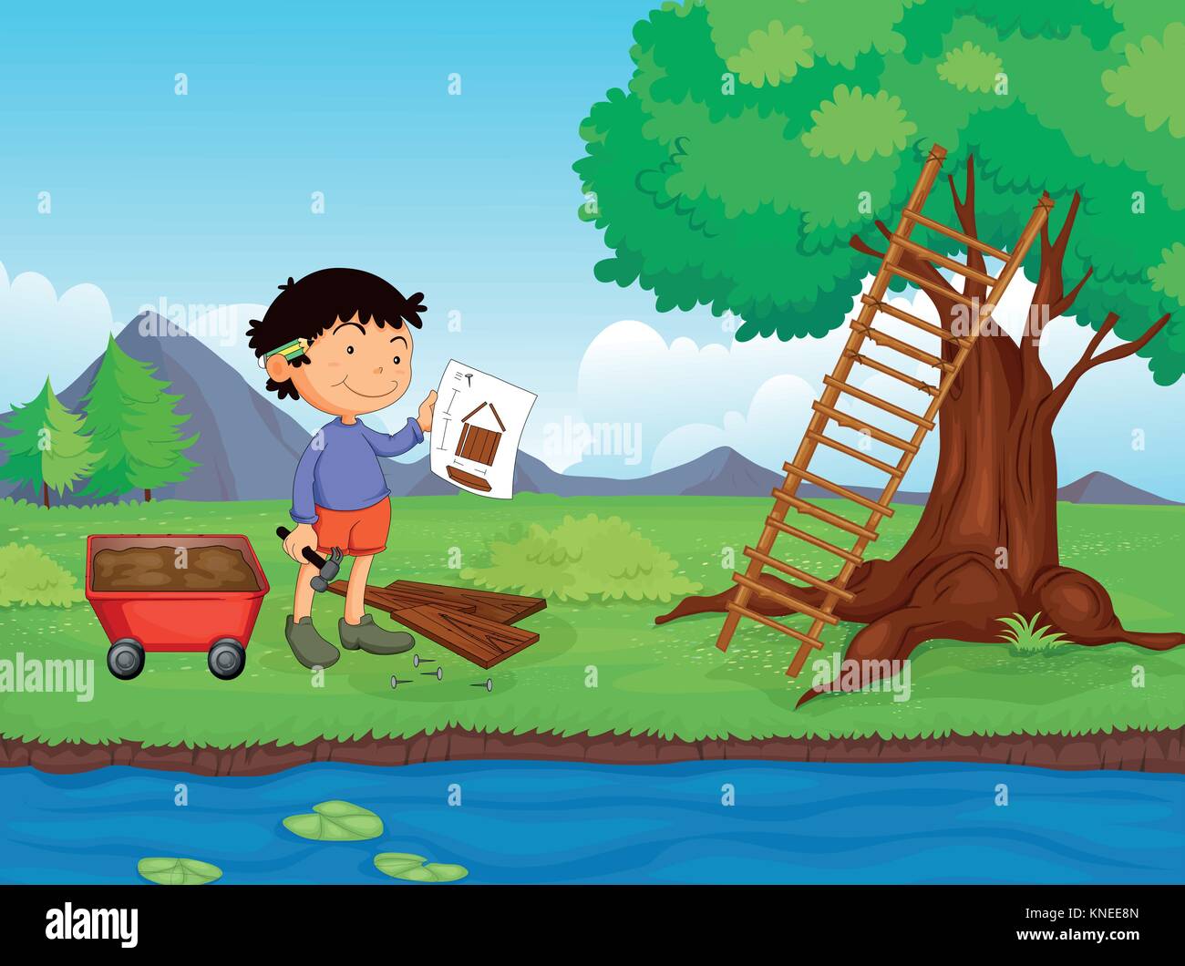 Abbildung: ein Tischler mit einer Skizze der Plan der Tree House Stock ...