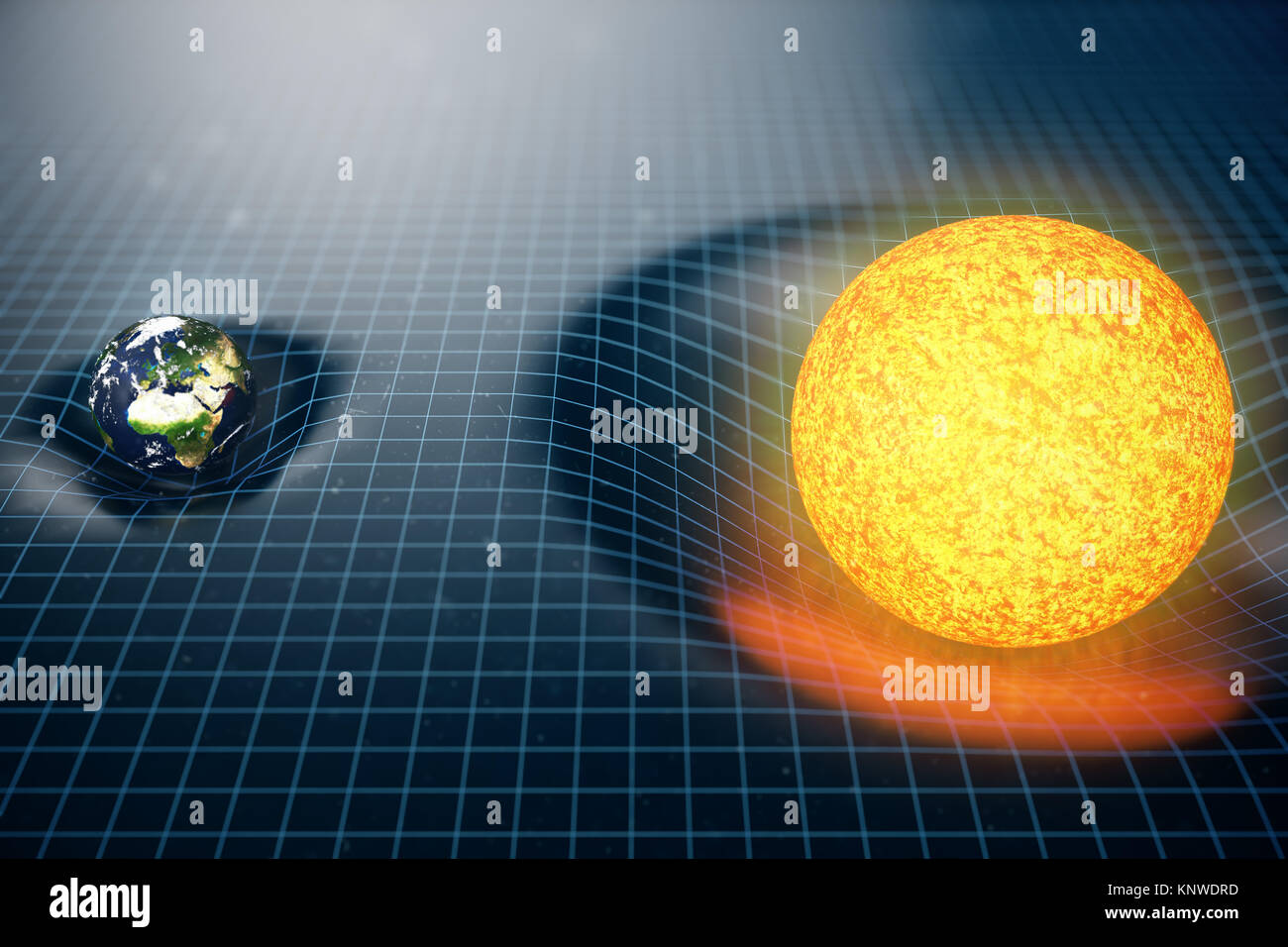 3D-Abbildung der Erde und Sonne schwere Kurven den Raum um sich herum ...