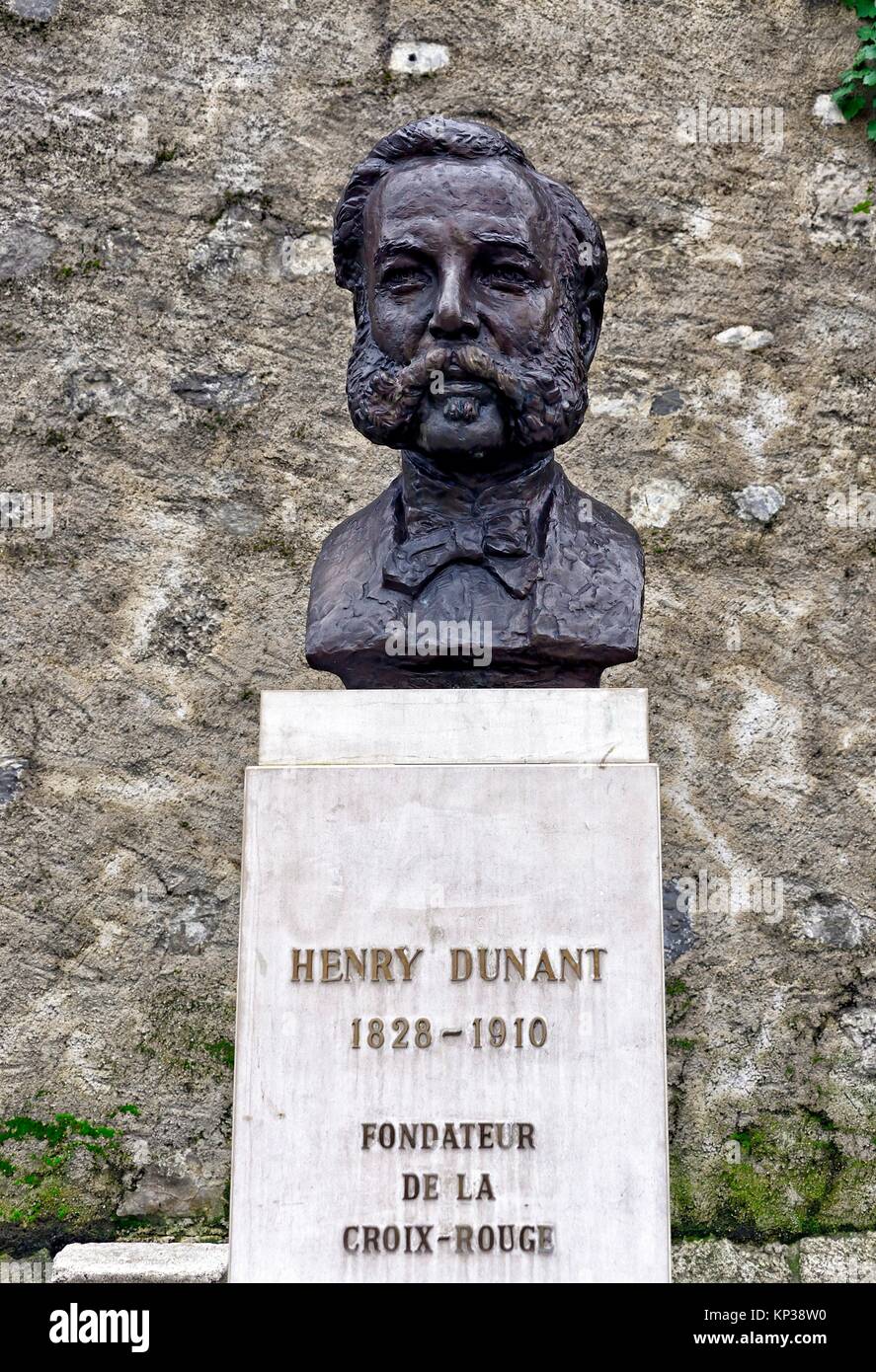 Statue des Roten Kreuzes Gründer Henry Dunant am Place de Neuve, Genf ...