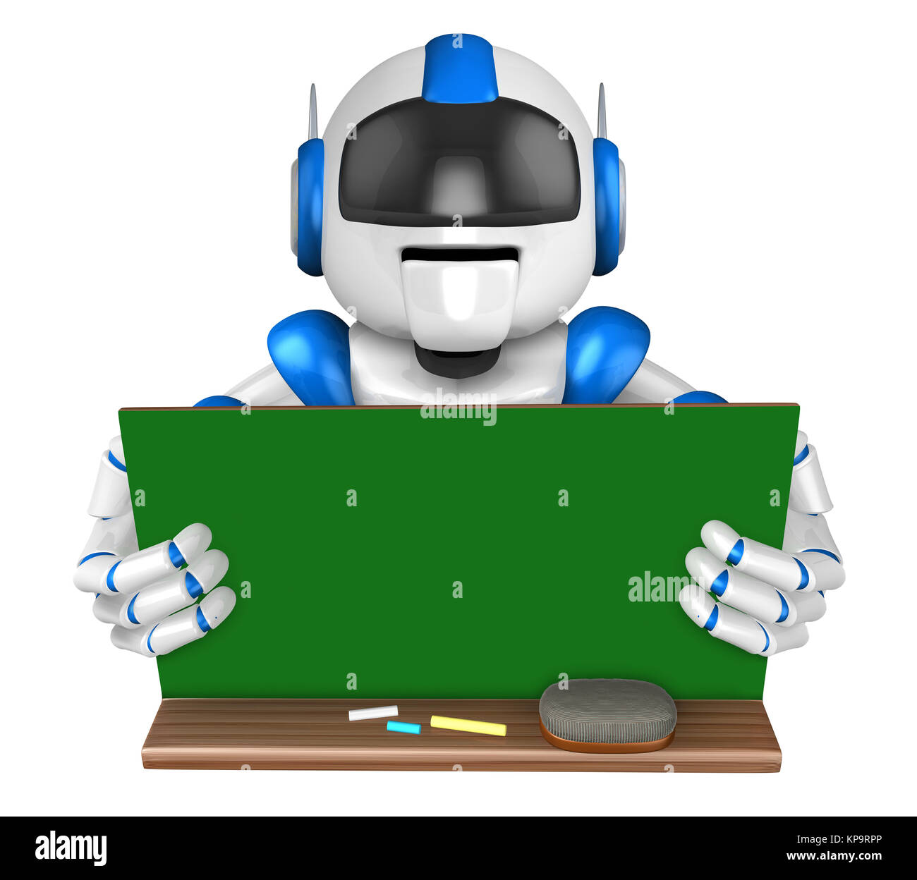 Blauer Roboter Charakter ist eine Tafel mit beiden Händen halten ...