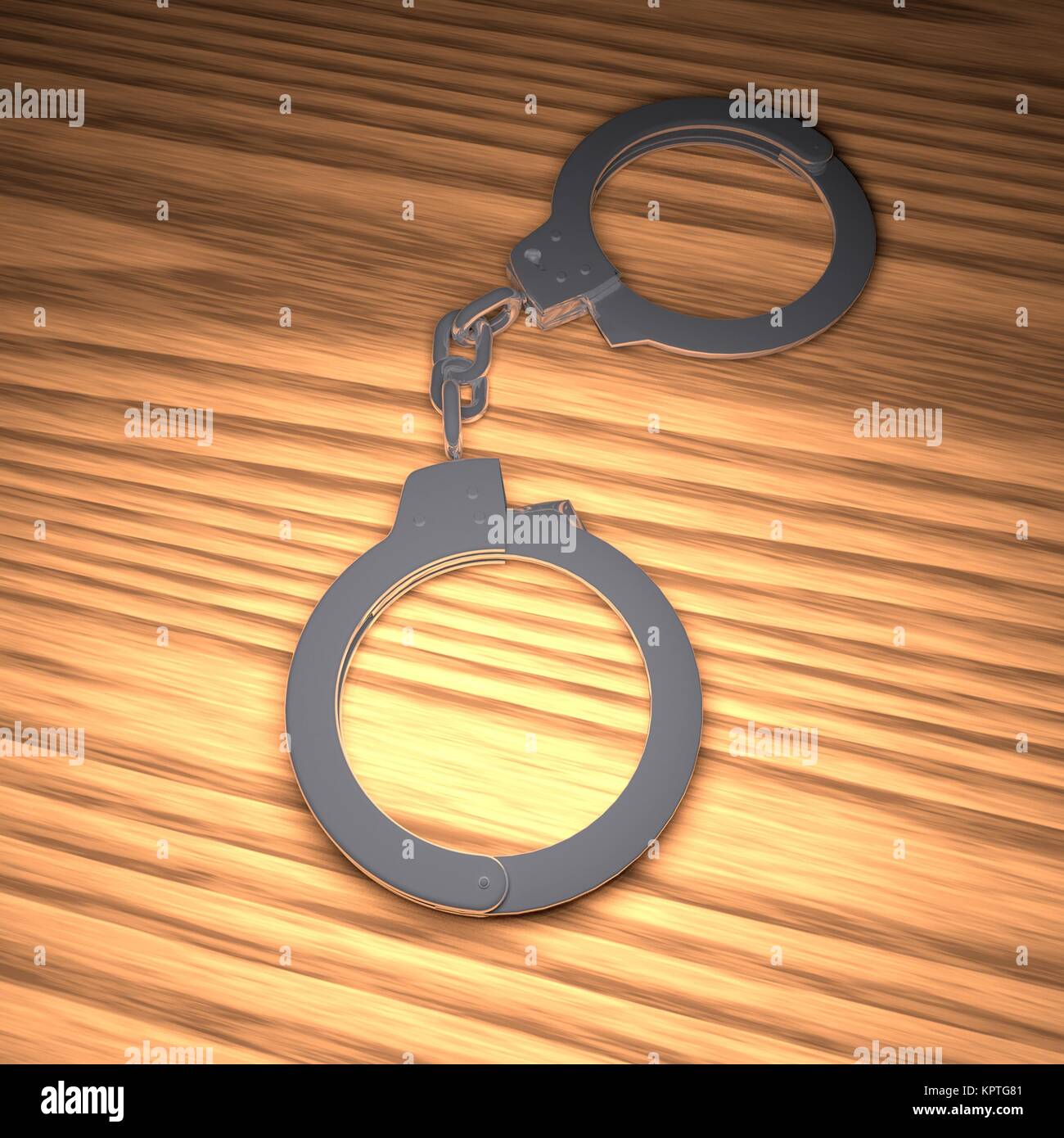 Metall Handschellen über Holz- Tabelle Stockfotografie - Alamy