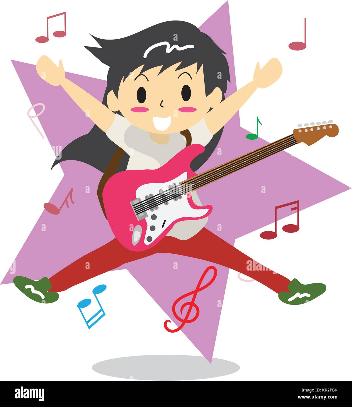 Junge langen Haaren spielen elektrischen Rock Gitarre glücklich Liebe ...