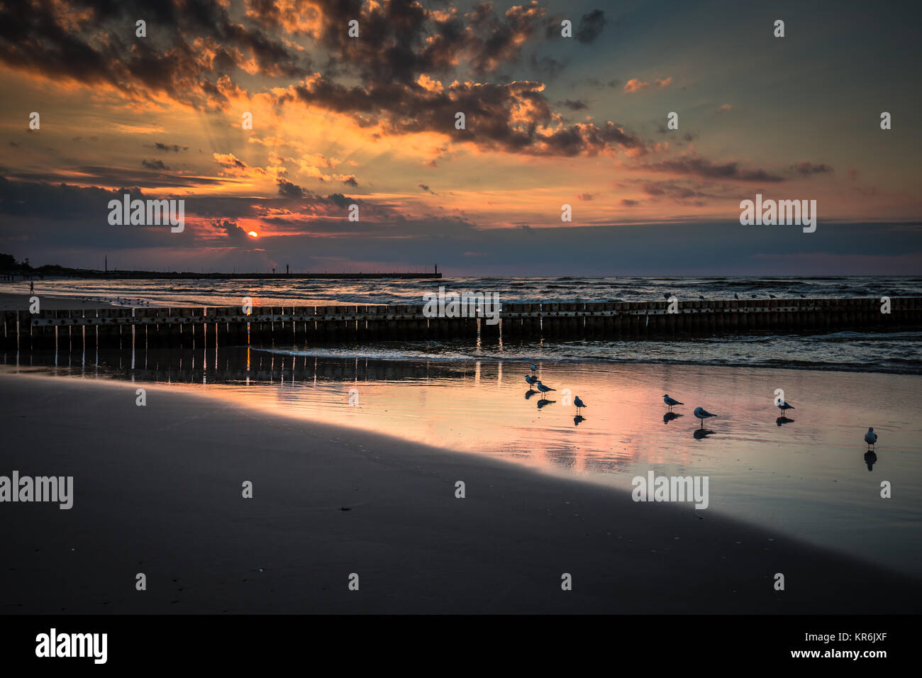 Sonnenuntergang am Strand mit einem hölzernen Wellenbrecher in Leba ...