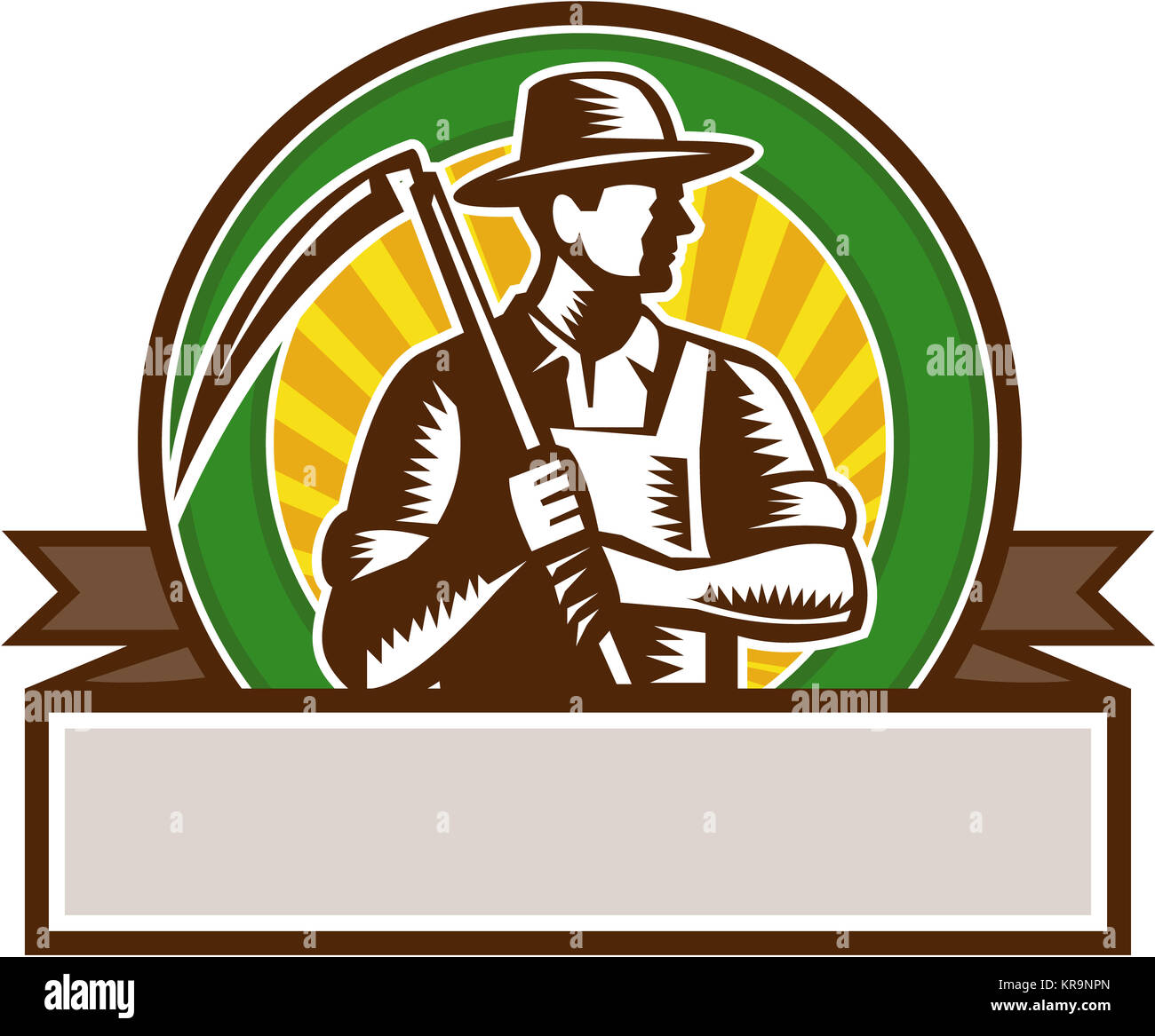 Bio-Bauer mit Sense Kreis Holzschnitt Stockfotografie - Alamy