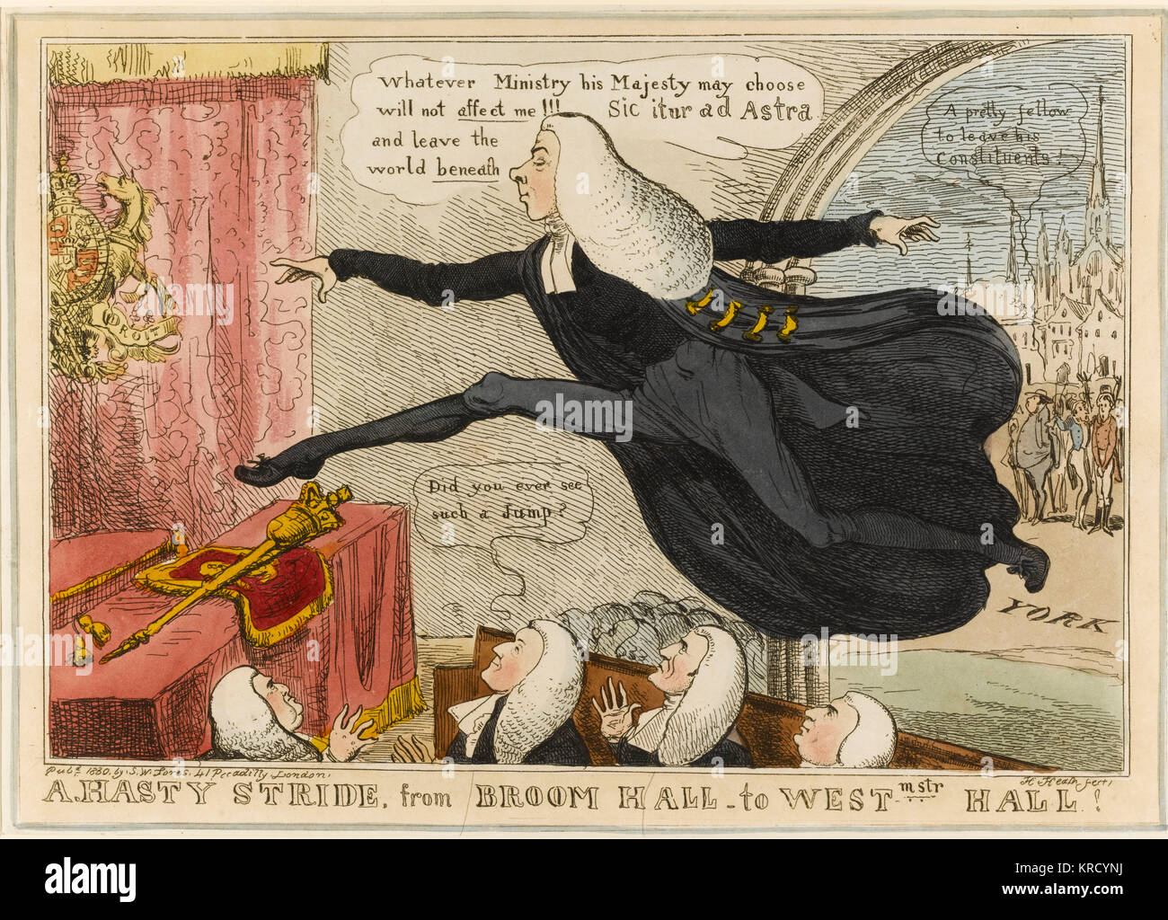 Satirische Karikatur, eine übereilte Stride von Broom Hall Westminster ...