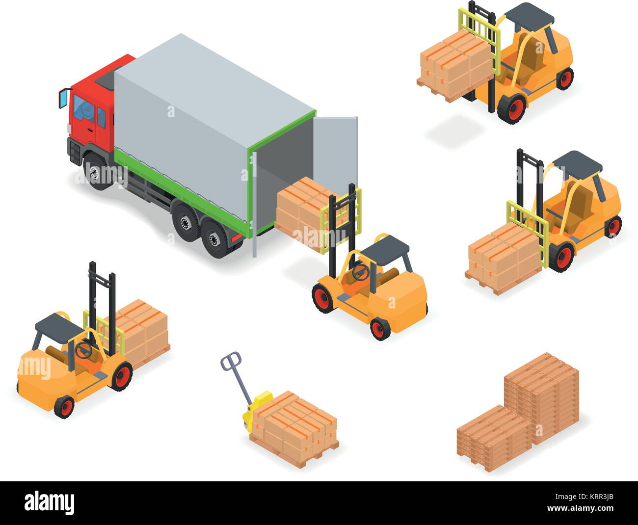 Be- oder entladen ein LKW im Lager. Gabelstapler bewegen die Ladung ...