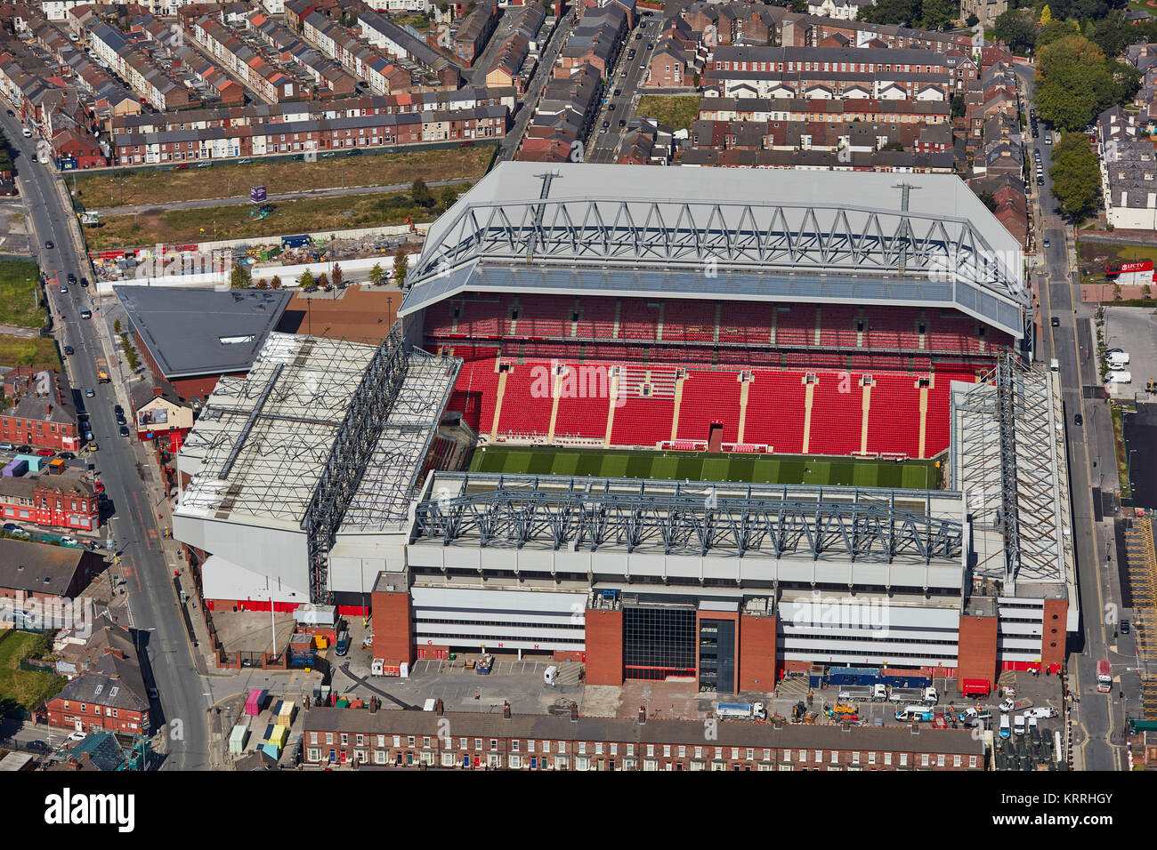 Eine Luftaufnahme von Anfield Stadion, Heimat des FC Liverpool ...