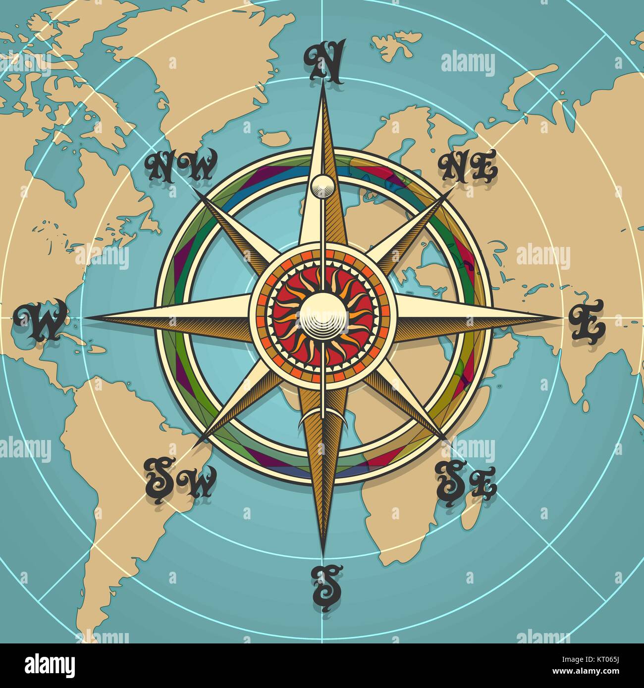 Classic vintage wind Compass Rose auf der Karte Hintergrund im Retro ...