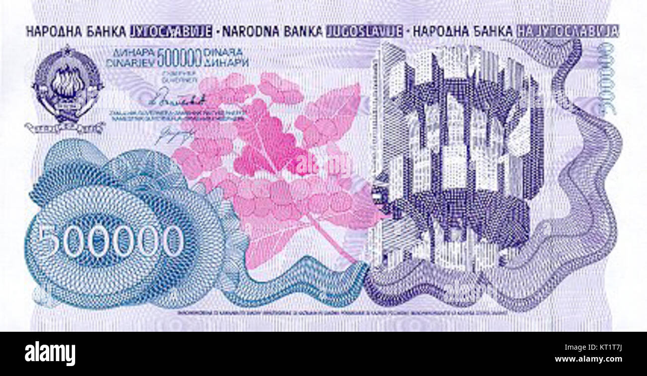Die 500.000er dinara-Note, die 1989 ausgegeben wurde, ist eine ...
