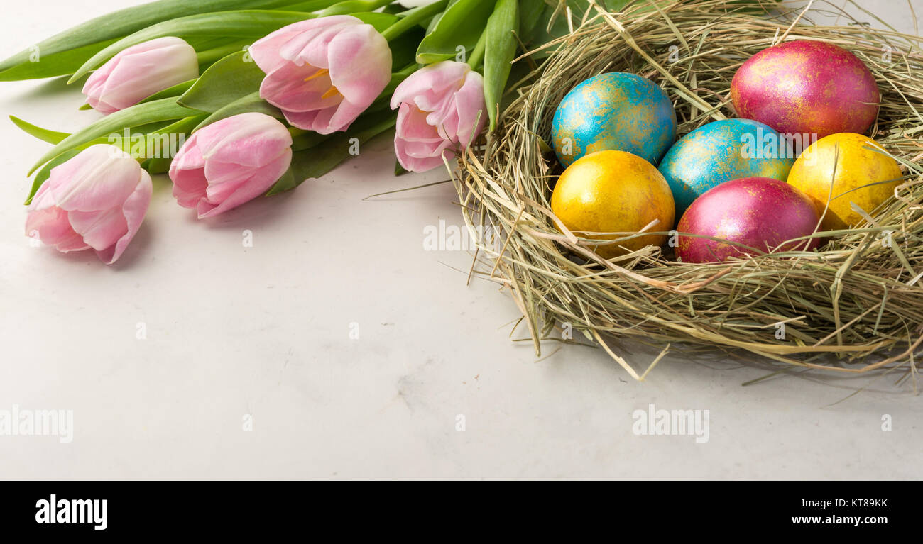 Ostern Eier im Stroh, Nest, Osterhase, Cookies und Tulpen auf dem ...