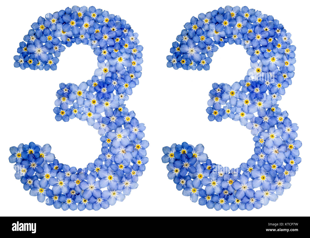 Arabische Zahlen 33, 33, von den blauen Vergißmeinnicht Blumen, auf ...