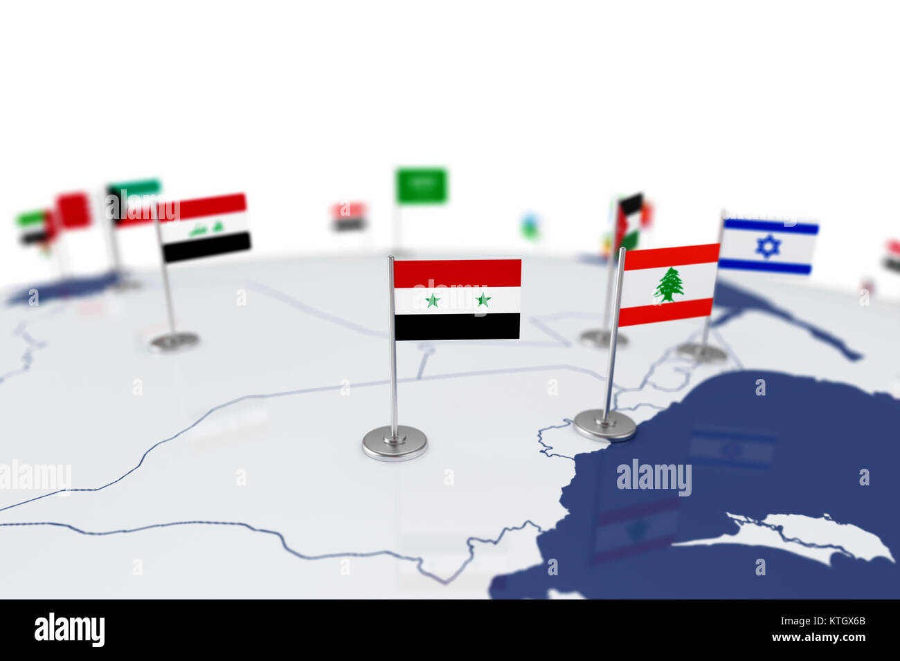 Syrien Fahne. Landesflagge mit Chrom Fahnenmast auf der Weltkarte mit ...