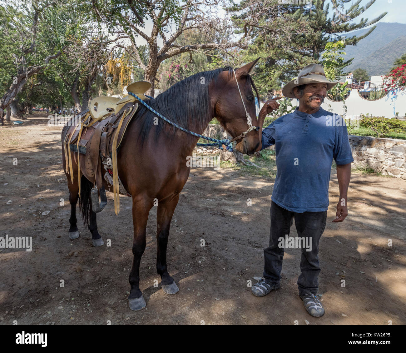 Cowboy mit seinem Pferd gesattelt, ajijic, der Lago de Chapala, Mexiko ...