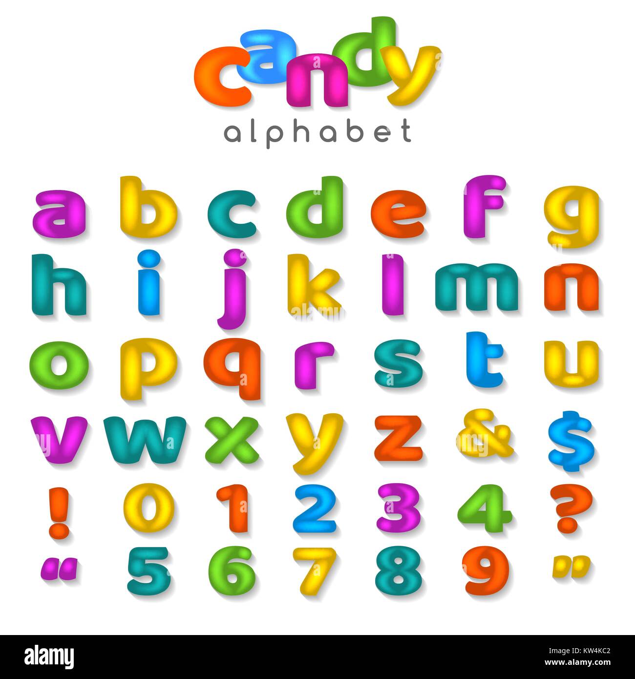 Candy Farbe Alphabet. Kinder Font mit Spaß Cartoon Buchstaben und Blase ...