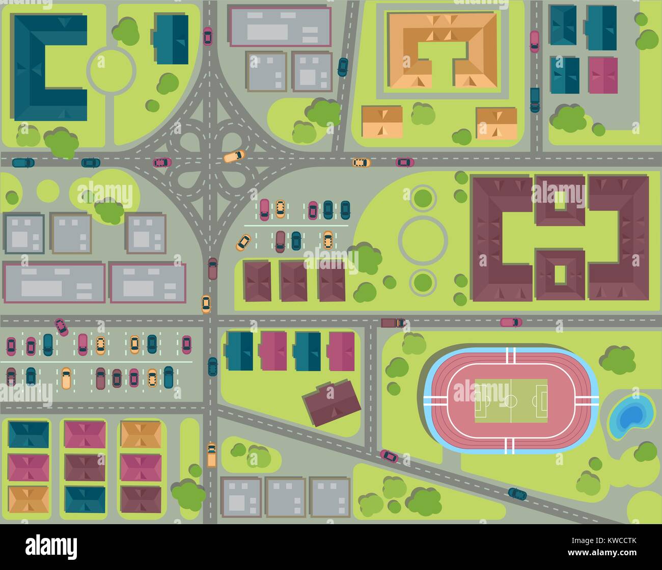 Stadt Ansicht von oben. Straßen, Häuser und Gebäude, Straßen ...