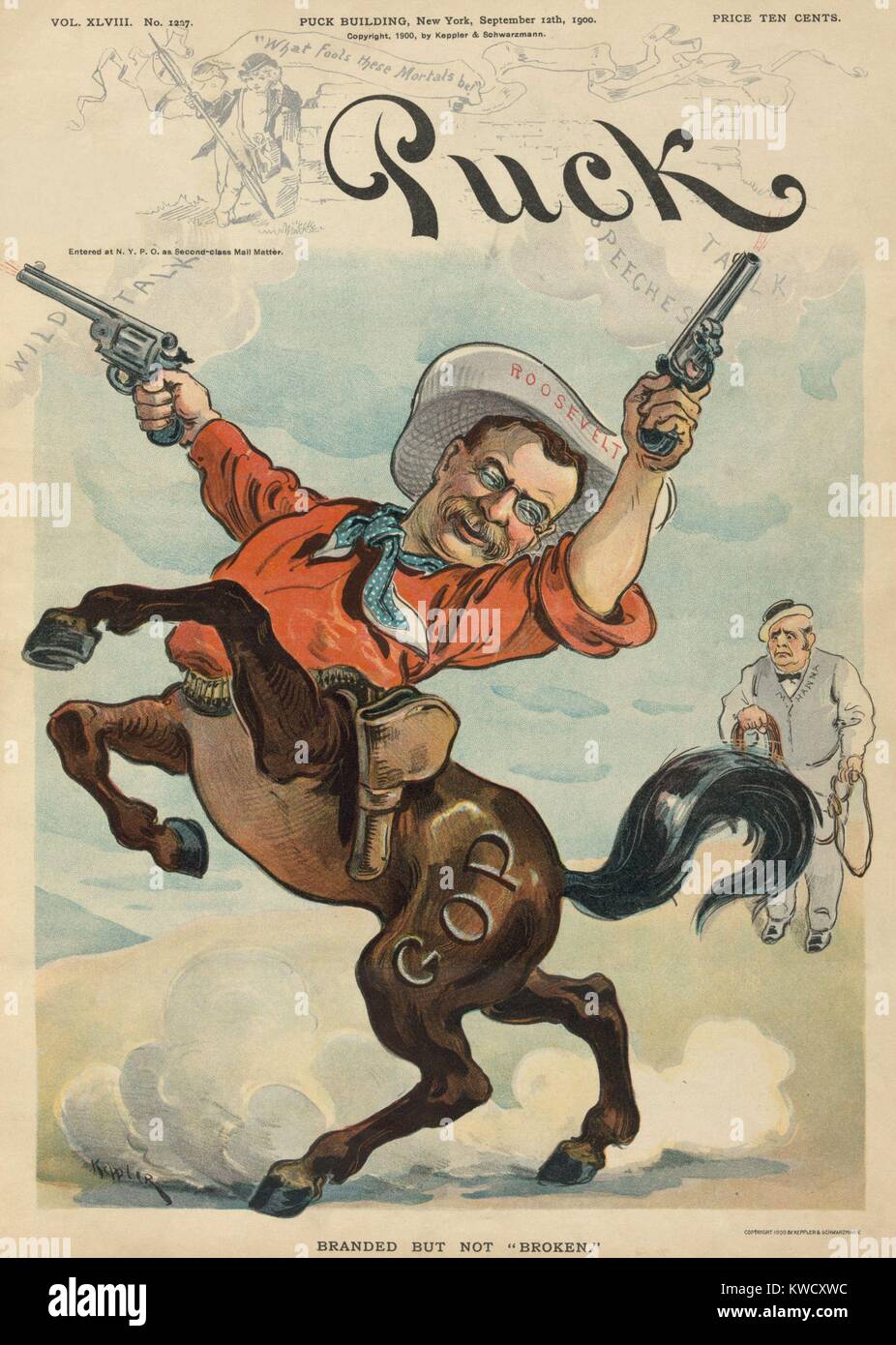 Theodore Roosevelt als Ruckeln bronco Feuern zwei Revolver. PUCK ...