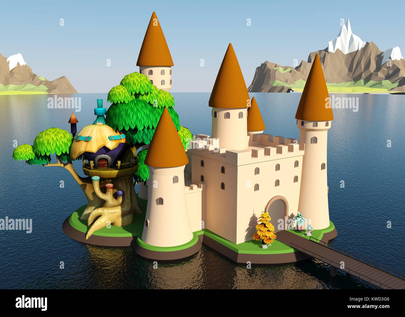 Cartoon mittelalterlichen Burg auf der Insel mit schöner Landschaft, 3D ...