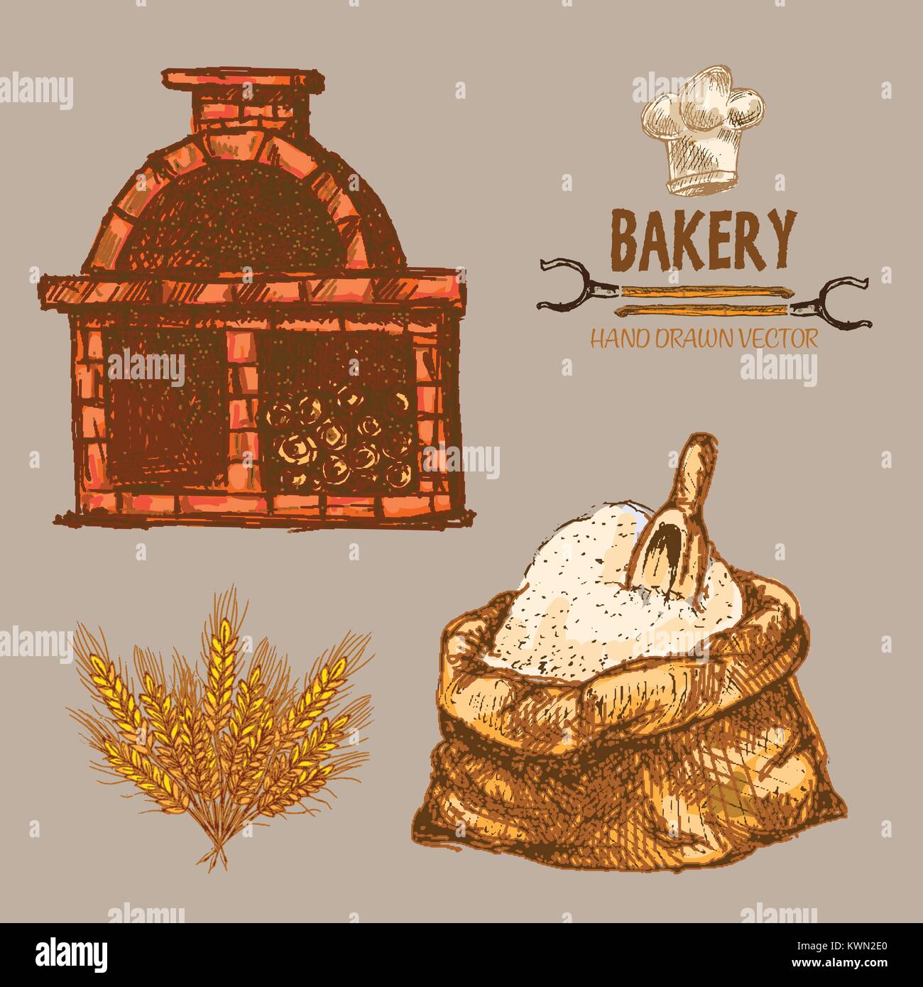 Digital Color Vector ausführliche Line Art golden Mehlsack mit Schaufel ...