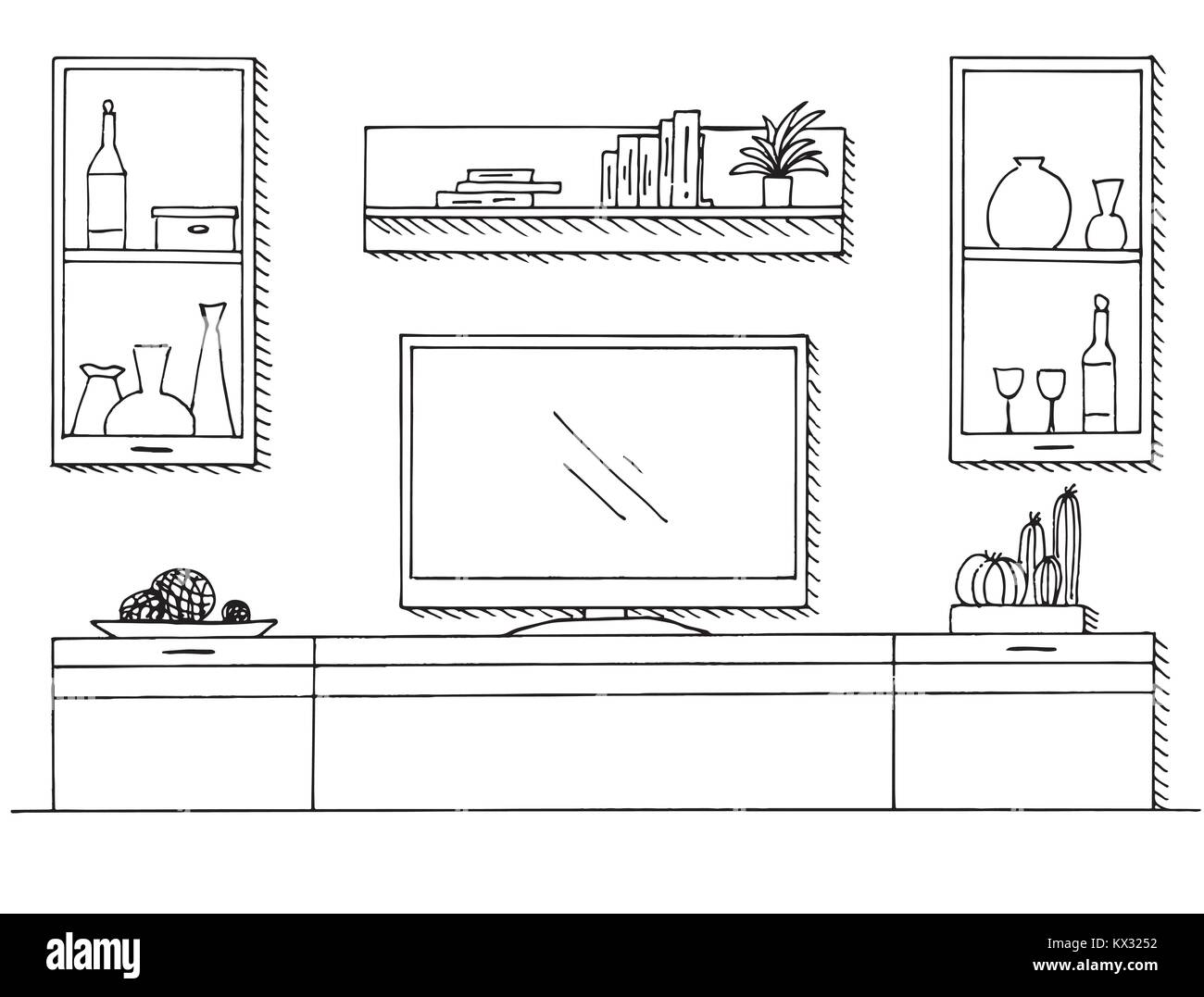 Hand gezeichnete Skizze. Lineare Skizze des Innenraums. Bücherregal ...