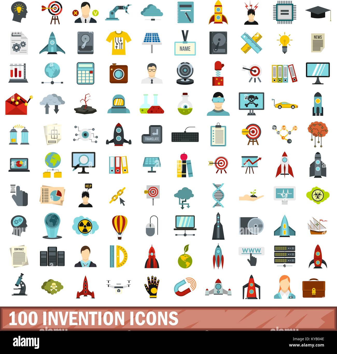 100 Erfindung Symbole in Flacher Stil für jede Design vector Abbildung ...