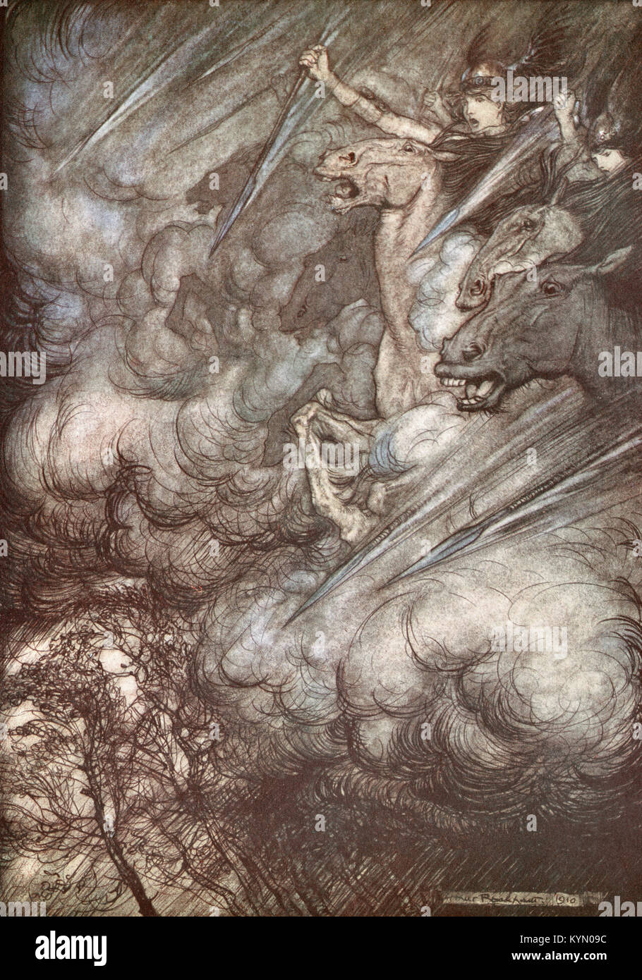 Eine Illustration von Arthur Rackham von "Das Rheingold und Die Walküre ...
