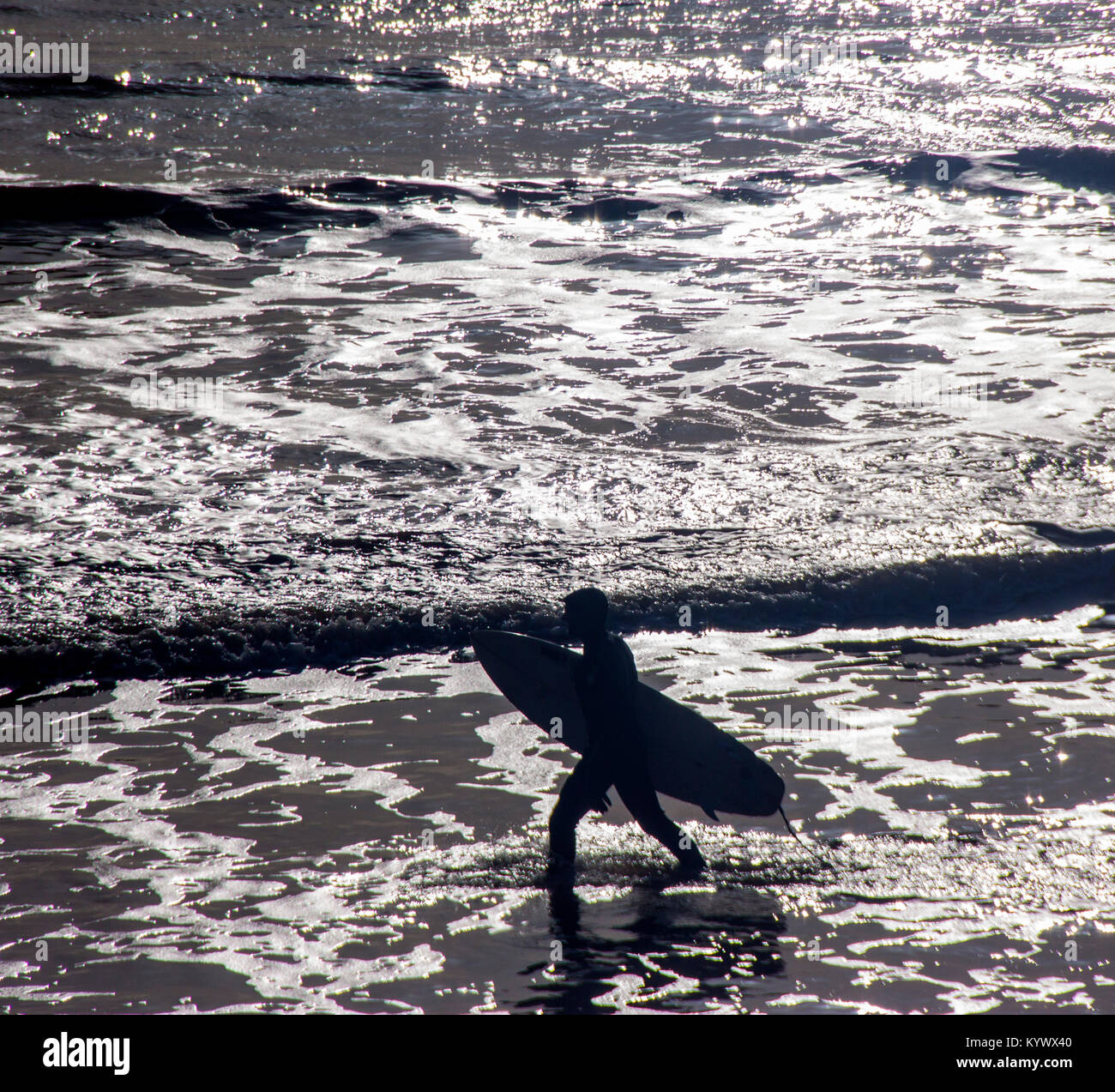 Sidmouth, 17. Jan 2018. Ein surfer Köpfe auf der Suche nach einer Welle ...