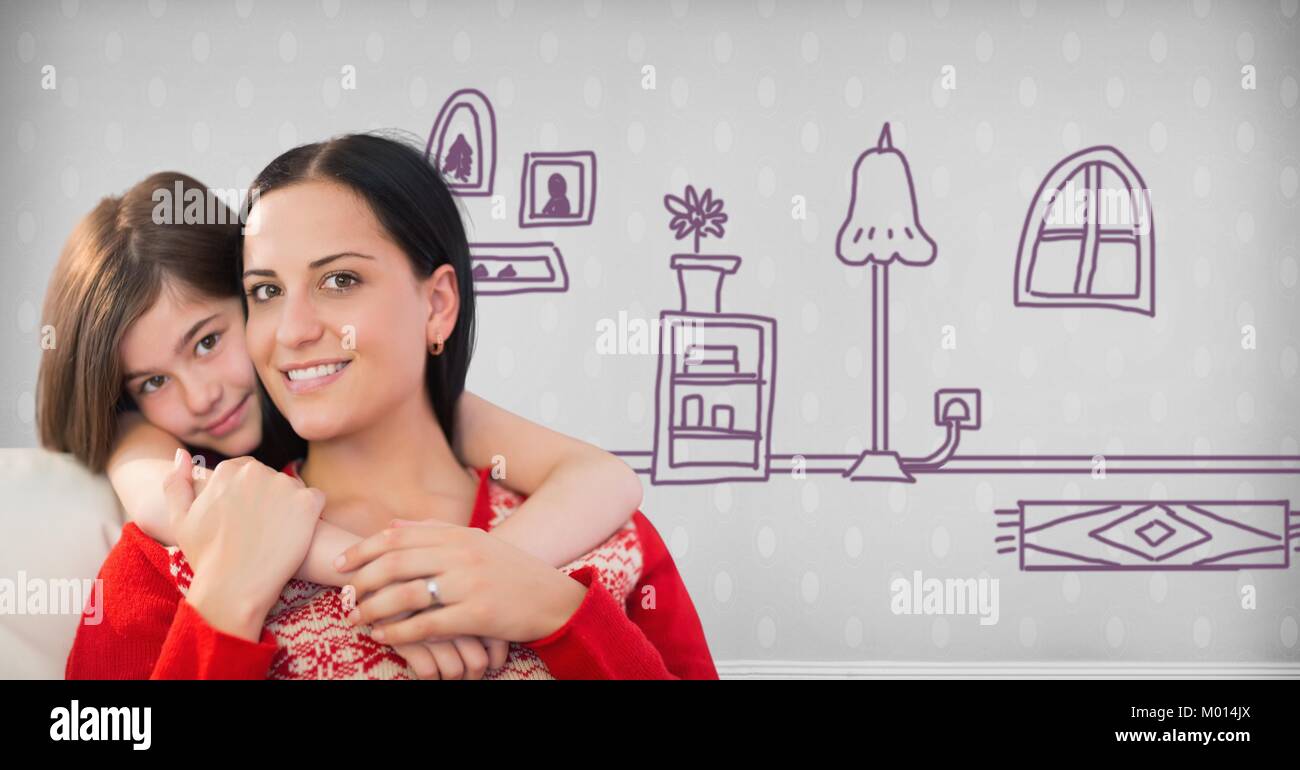 Mutter und Tochter umarmen mit home Zeichnungen Stockfotografie - Alamy