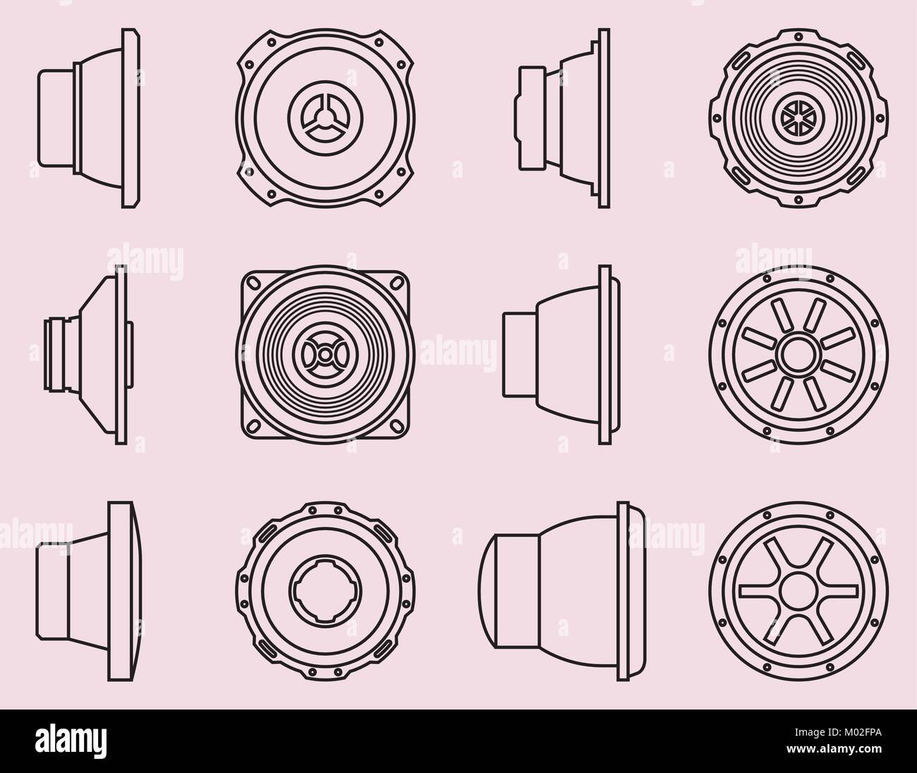 Satz von Car Audio Symbole. Lautsprecher Treiber. Vektor, dünne Linie ...