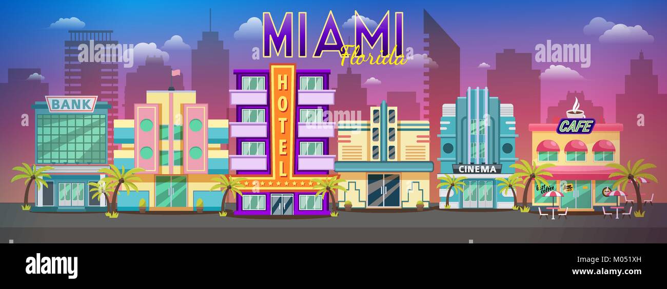 Alte Skyline von Miami Panorama bei Sonnenuntergang. Retro City retro ...