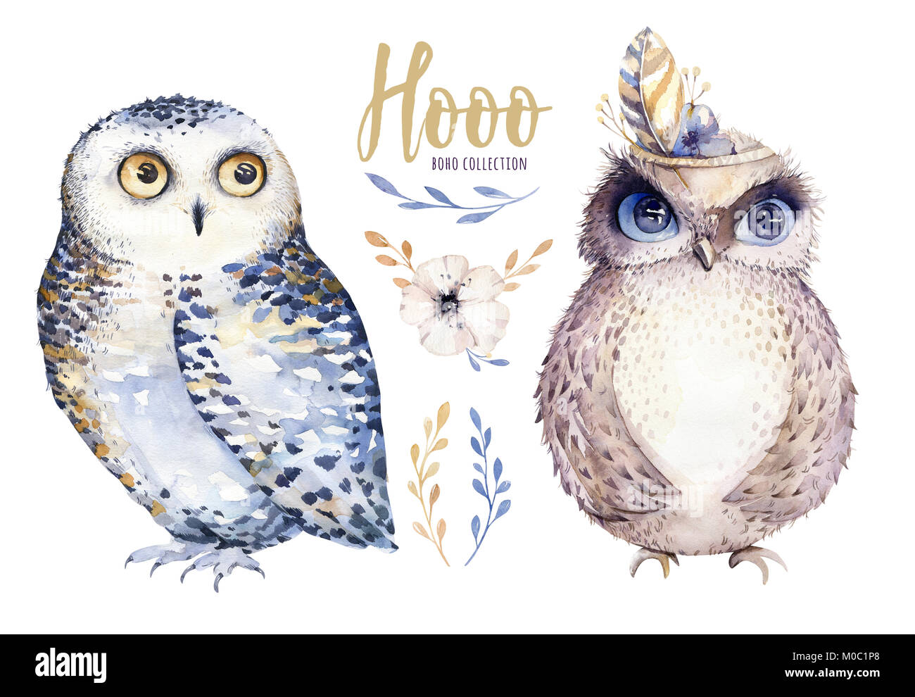 Aquarell Eule mit Blumen. Abbildung mit Vogel in Boho style gezeichnet ...