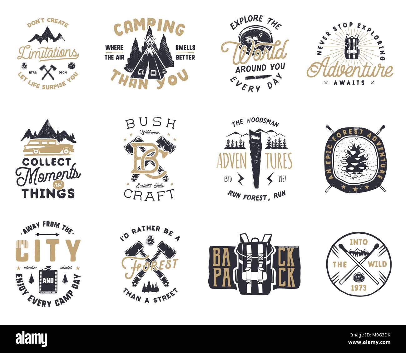 Jahrgang Hand gezeichnet Reisen Abzeichen und Emblem. Wandern Etiketten ...