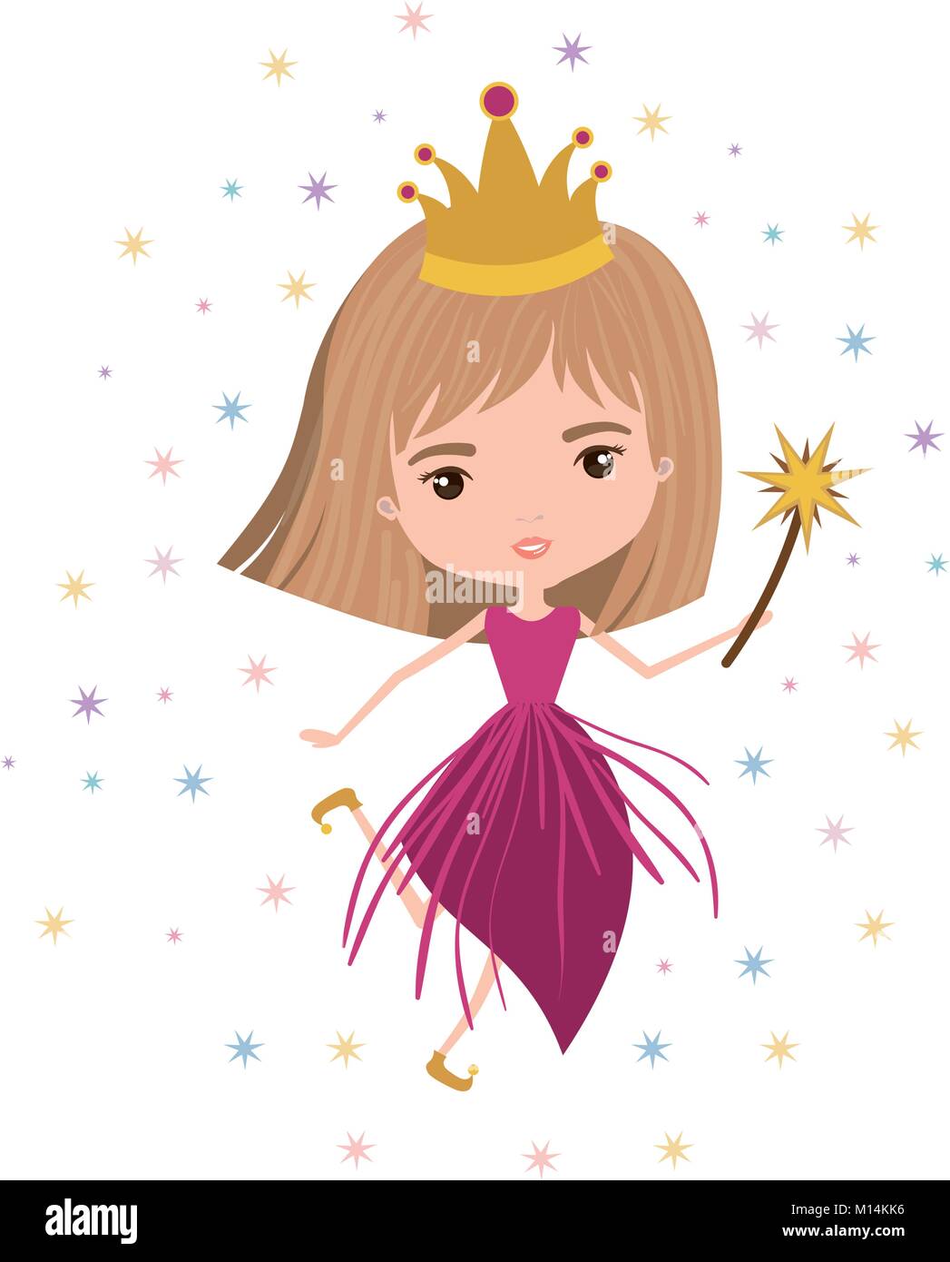 Prinzessin Fee mit Krone und Zauberstab und bunte Sterne auf weißem ...