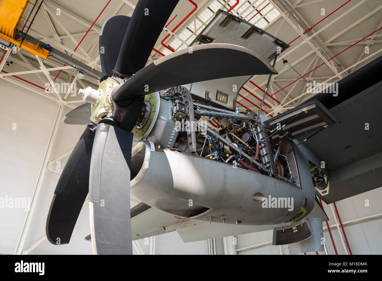 Aircraft Engine Maintenance. Flugzeug Motor mit Propeller erhält eine ...
