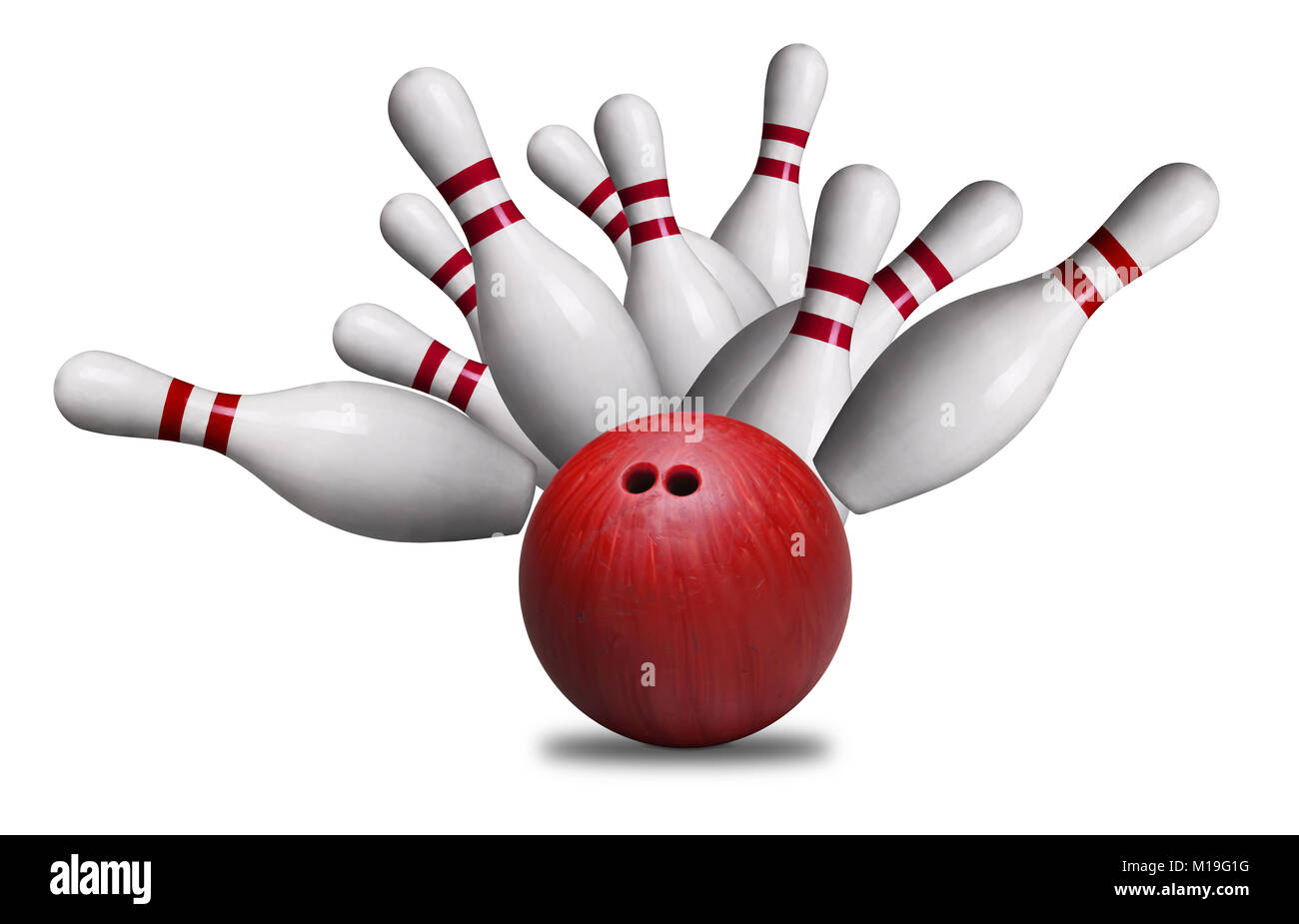 Red Bowling Ball gegen Stiften in einem 10-pin Bowling Spiel. Auf ...