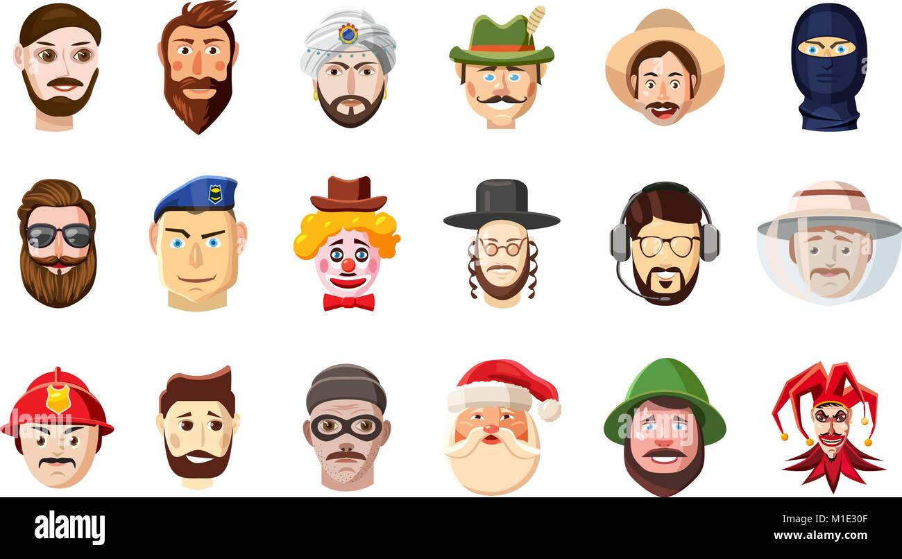 Mann Kopf Icon Set, Cartoon Stil Stock-Vektorgrafik - Alamy
