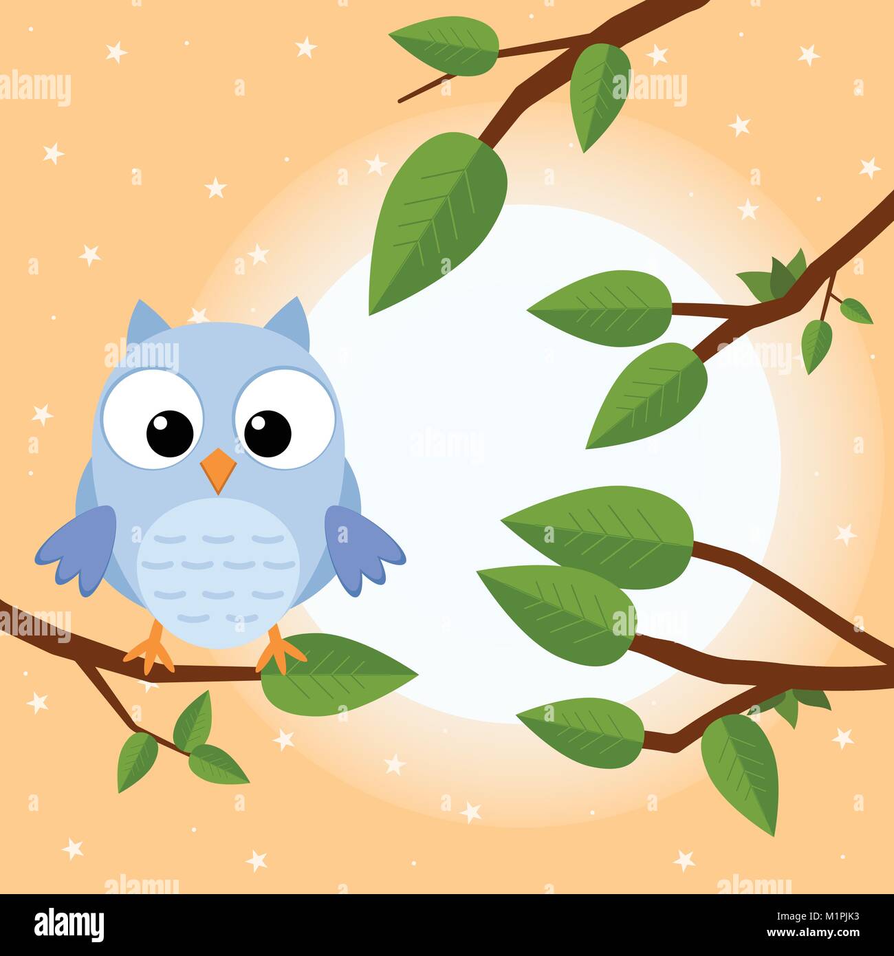 Bunte Baum mit niedlichen Eule. Cartoon Vogel im sonnigen Wald. Flache ...